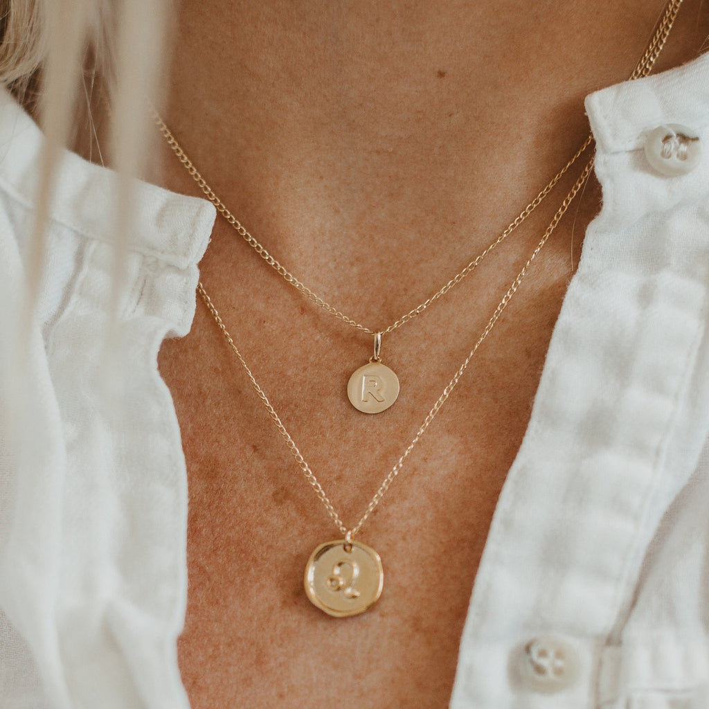 Disc engraved gold initial necklace